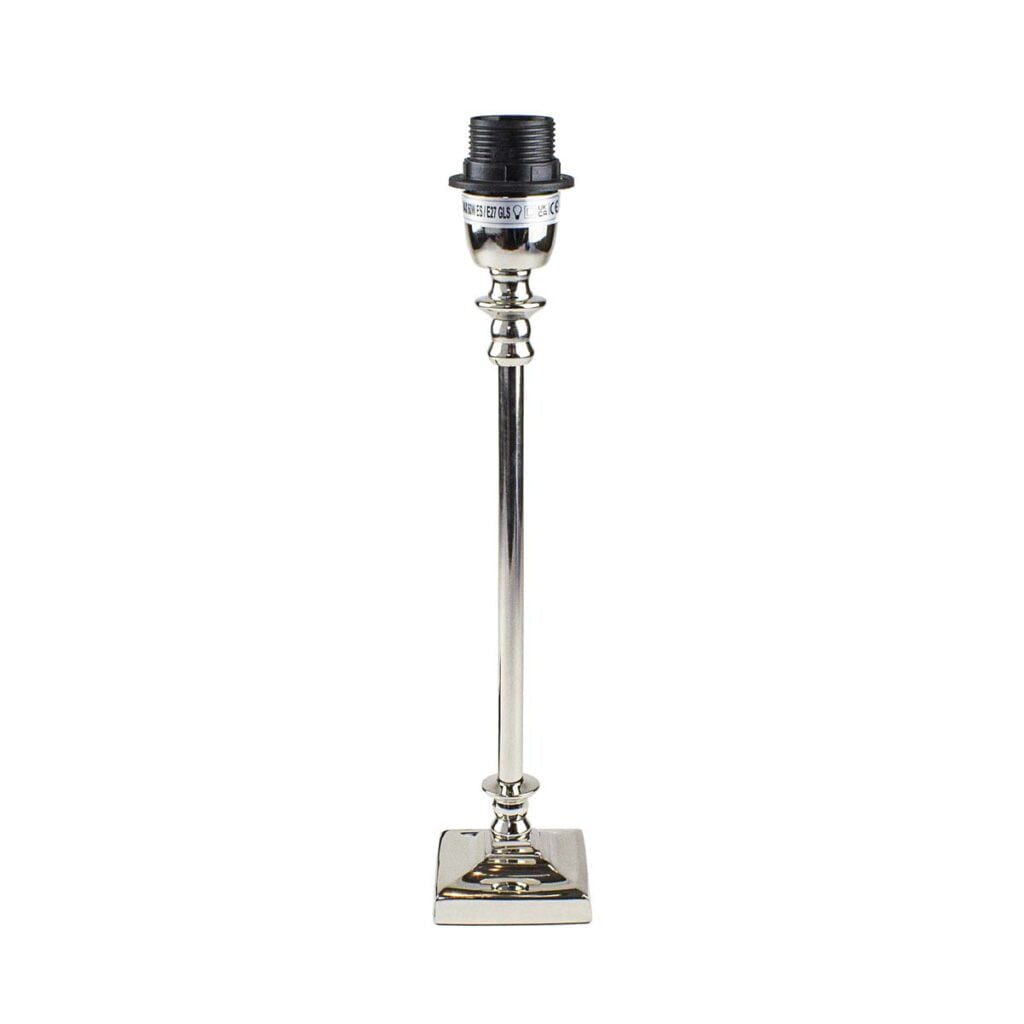 A medium size table lamp with a square base in a chrome finish.